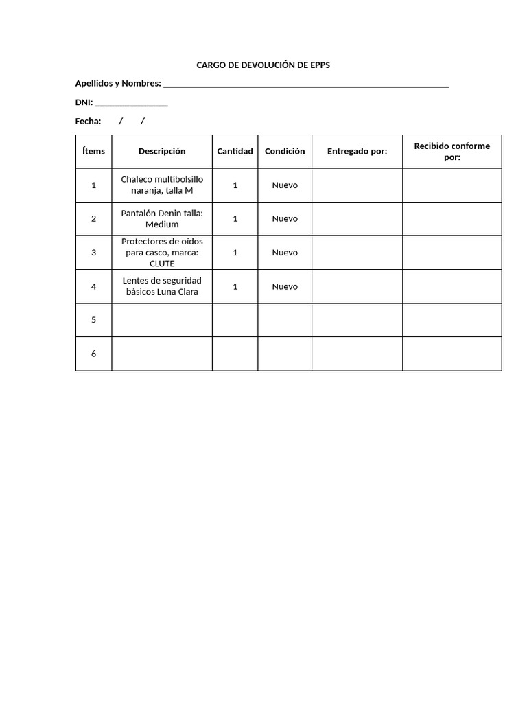 Devolución de EPPS: Lista y Condiciones | PDF