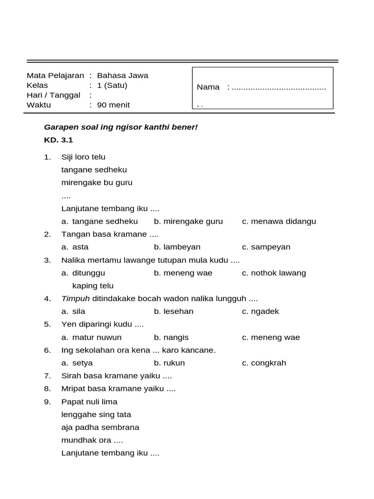 Soal PTS 2 Bahasa Jawa KLS 1 | PDF