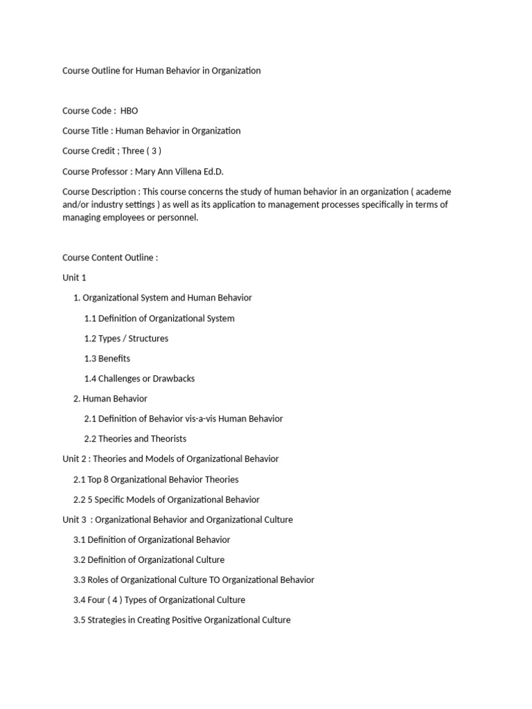 Course-Outline-for-Human-Behavior-in-Organization | PDF | Leadership ...