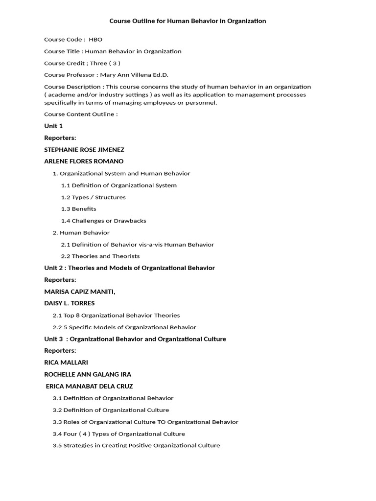 REPORTERS Course Outline For Human Behavior in Organization | PDF ...