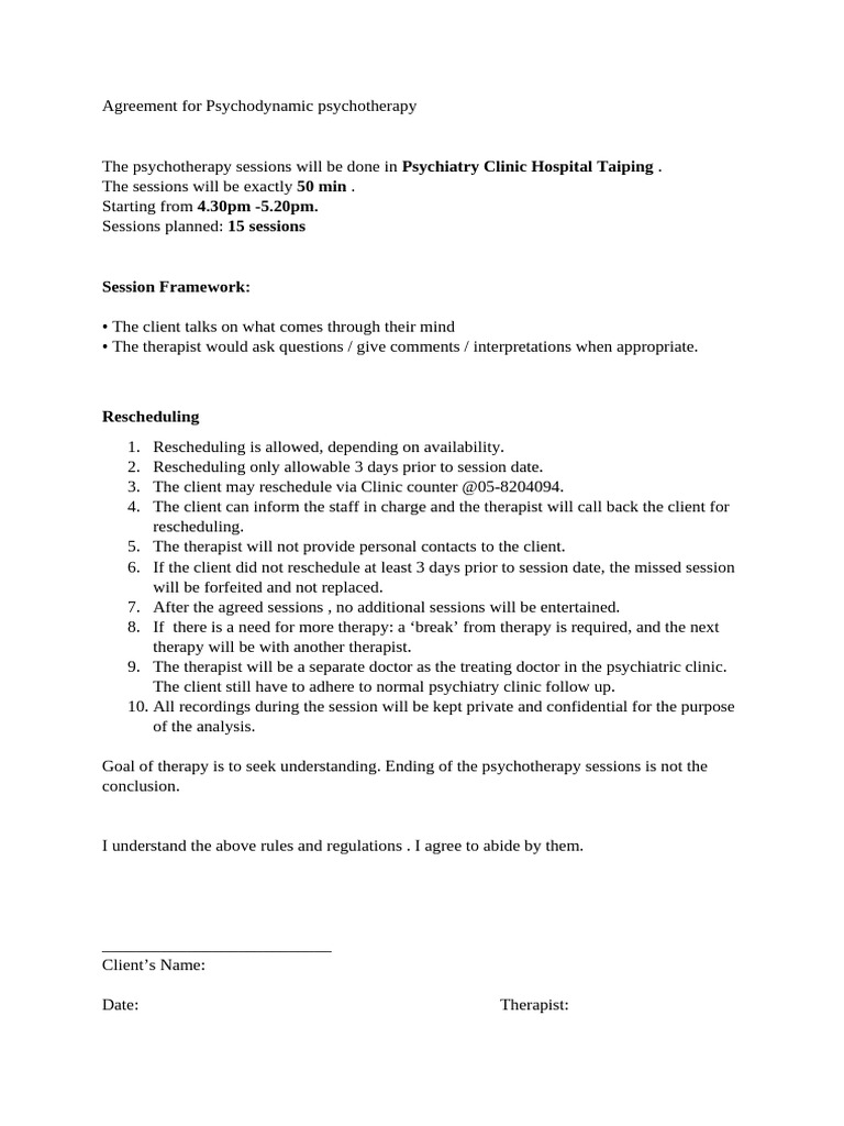 Agreement For Psychodynamic Psychotherapy | PDF