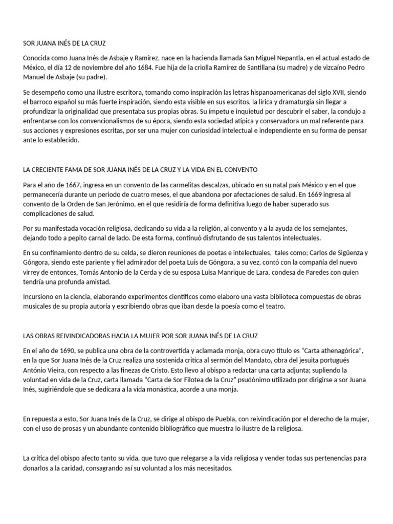 SOR JUANA INÉS DE LA CRUZ BIOGRAFIA | PDF