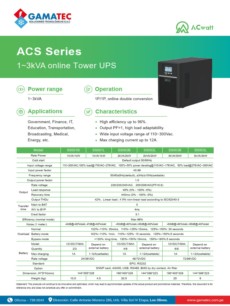 ACS Series 1 3kVA Online Tower UPS Catalog V3.2 | PDF | Alternating ...
