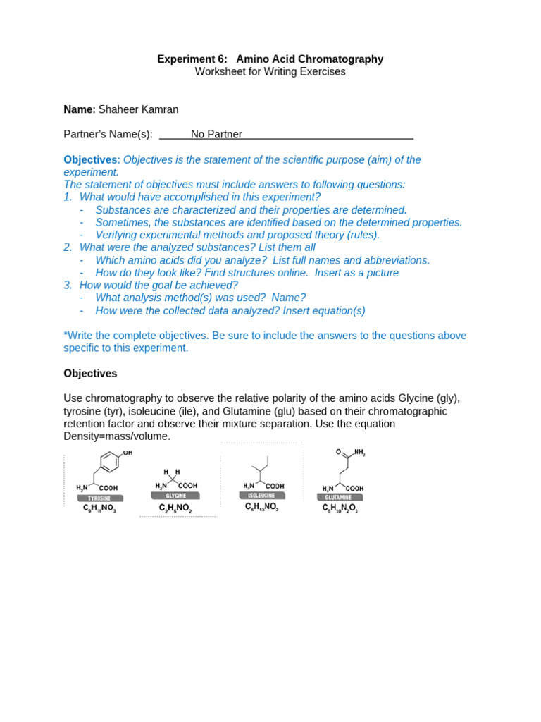 Expt.6 Chromatography WORKSHEET | PDF | Chemical Polarity | Amino Acid