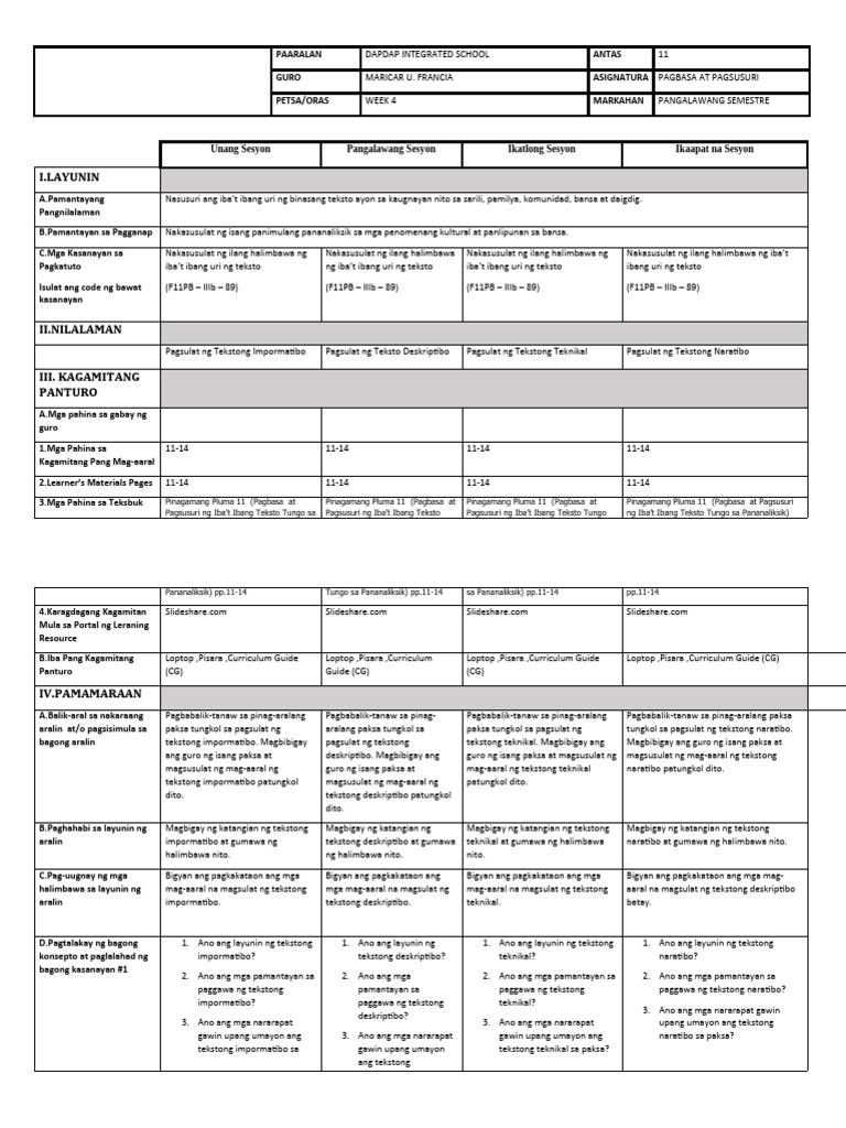 DLL Pagbasa Week 4 | PDF