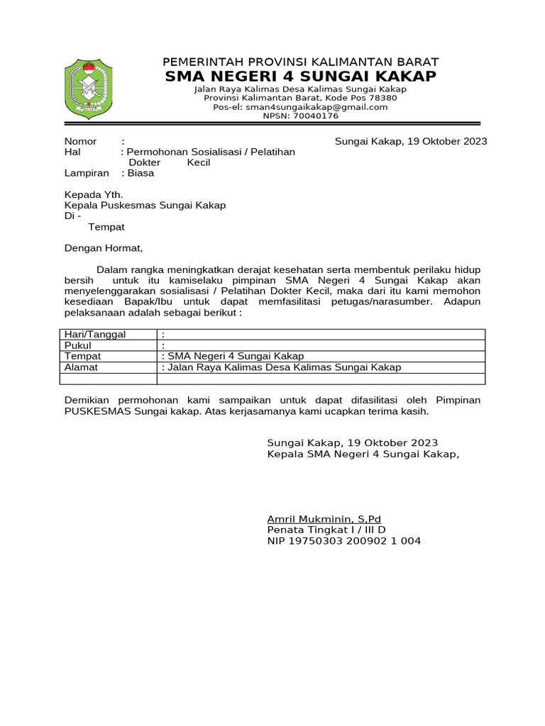 25. UKS Permohonan sosialisasi Dokter Kecil | PDF