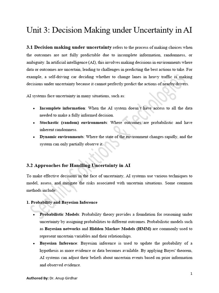 Unit 3 - Decision Making Under Uncertainty in AI | PDF | Artificial ...