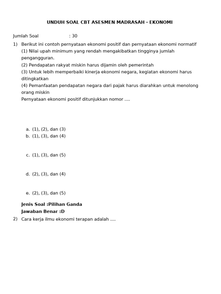 Lembar Soal CBT Asesmen Madrasah - Ekonomi | PDF