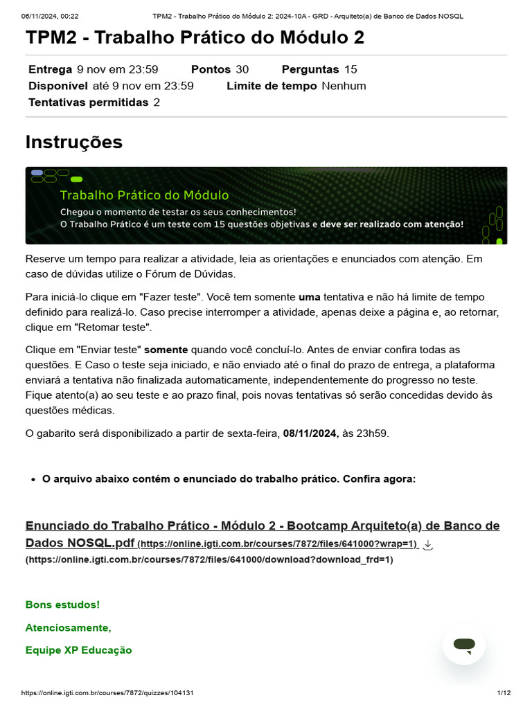 TPM2 - Trabalho Prático Do Módulo 2 - 2024-10A - GRD - Arquiteto (A) de Banco de Dados NOSQL ...
