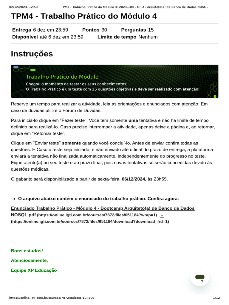TPM4 - Trabalho Prático do Módulo 4_ 2024-10A - GRD - Arquiteto(a) de Banco de Dados NOSQL | PDF ...