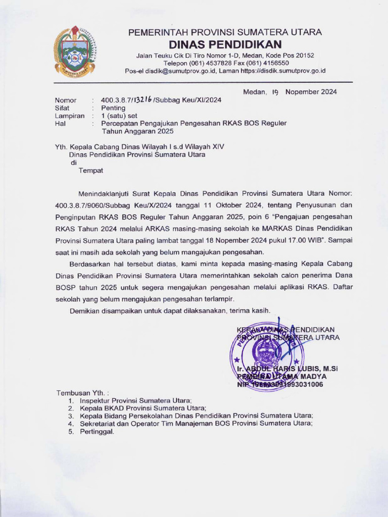 Surat Percepatan Pengajuan Pengesahan RKAS BOS Reguler TA 2025 | PDF