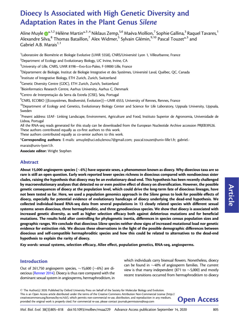 Dioecy Is Associated With High Genetic Diversity and Adaptation Rates ...