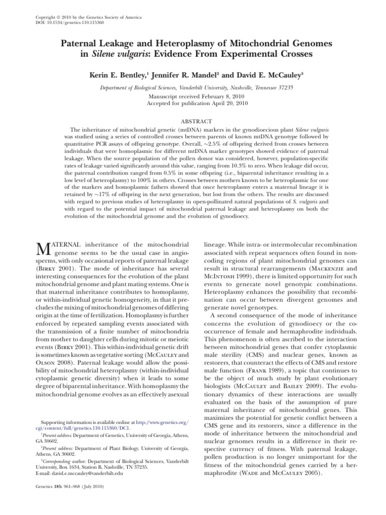 Paternal Leakage and Heteroplasmy of Mitochondrial Genomes in Silene ...