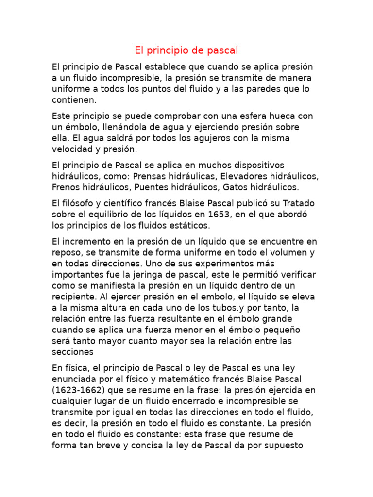 El Principio de Pascal | PDF | Física Aplicada e Interdisciplinaria | Cantidad