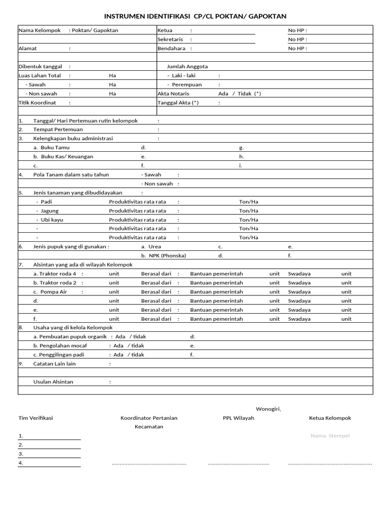 Form Instrumen Identifikasi CPCL Poktan Gapoktan | PDF