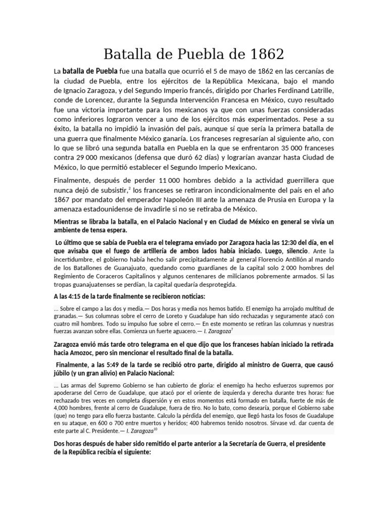 Batalla de Puebla: Victoria Mexicana 1862 | PDF | Militar | Conflictos ...