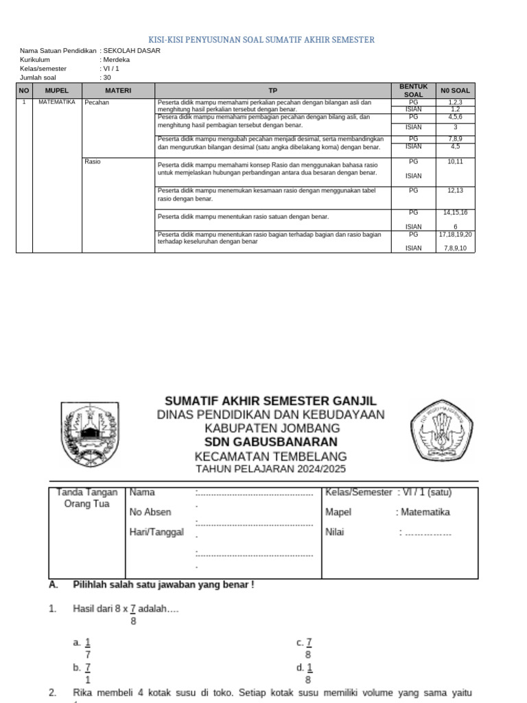 SOAL SUMATIF MTK 2024-2025 | PDF