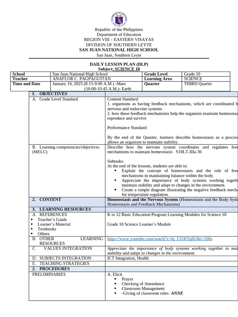 Science 10 Lesson Plan Week 4 Part 4 The Homeostasis and Feedback ...
