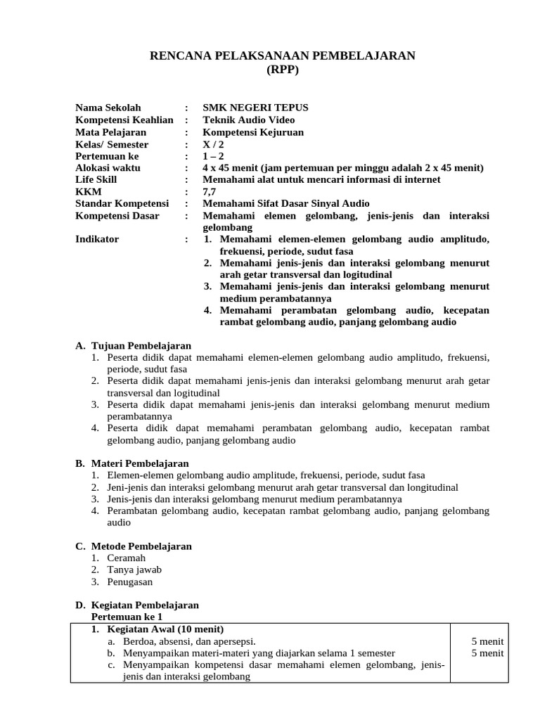 RPP KD1 Memahami Sifat Dasar Sinyal Audio | PDF