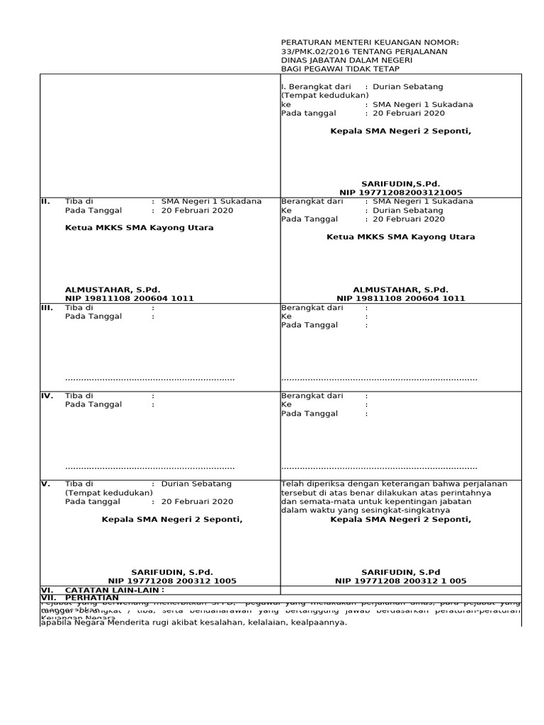 Lembar Belakang SPPD Dinas (SPPD) | PDF