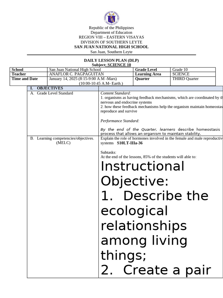 Science 10 Lesson Plan Week 4 Part 1 the Homeostasis and Ns | PDF | Neuron | Nervous System