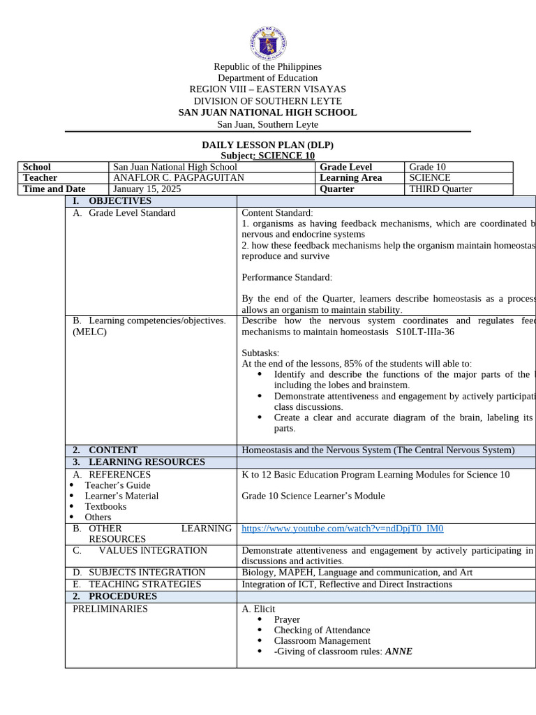 Science 10 Lesson Plan Week 4 Part 2 The CNS | PDF | Central Nervous ...