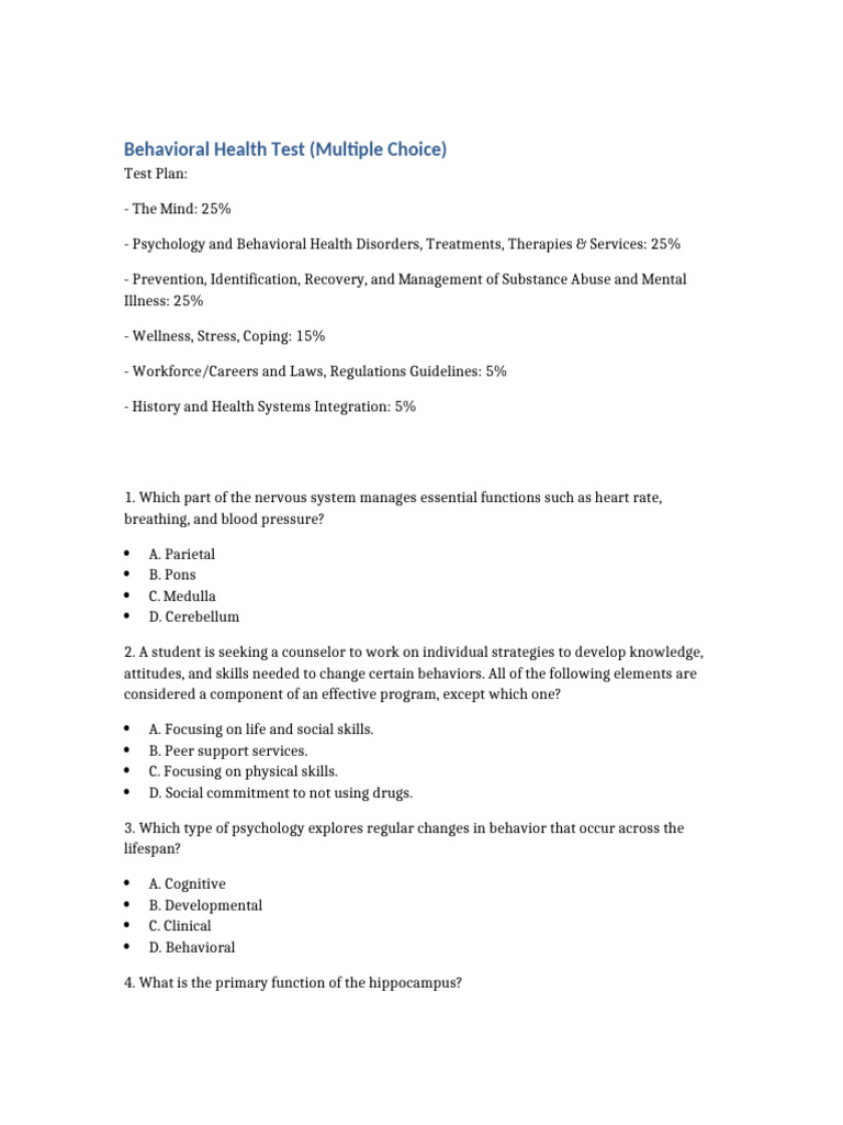 Behavioral Health Multiple Choice Test | PDF