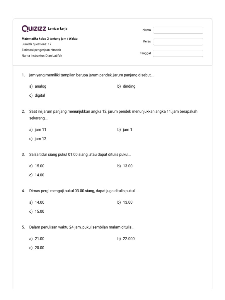 Lembar Kerja Matematika Kelas 2: Jam | PDF