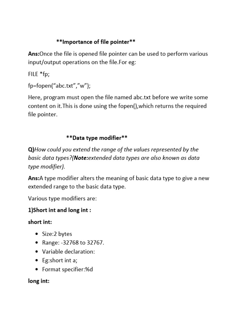 Data Type Modifiers And Importance Of File Pointer Pdf Integer