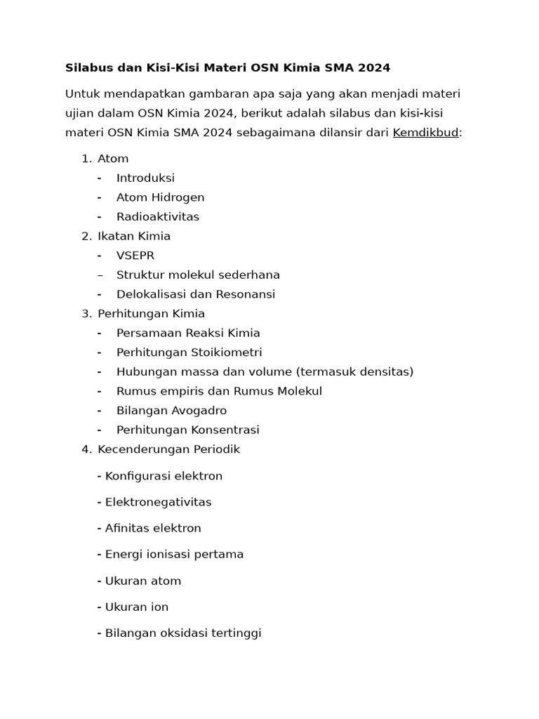 Silabus OSN Kimia SMA 2024 | PDF
