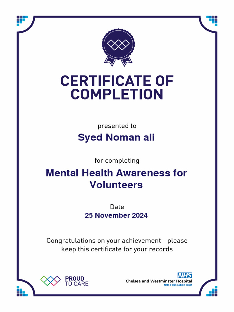 Mental Health Awareness For Volunteers - Certificate of Completion | PDF