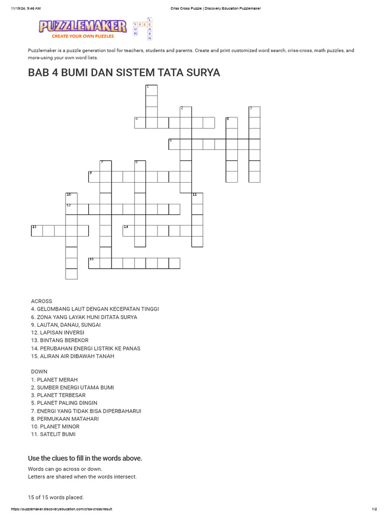 Criss Cross Puzzle - Discovery Education Puzzlemaker,,,,fik Bab 3 Bab 4 ...
