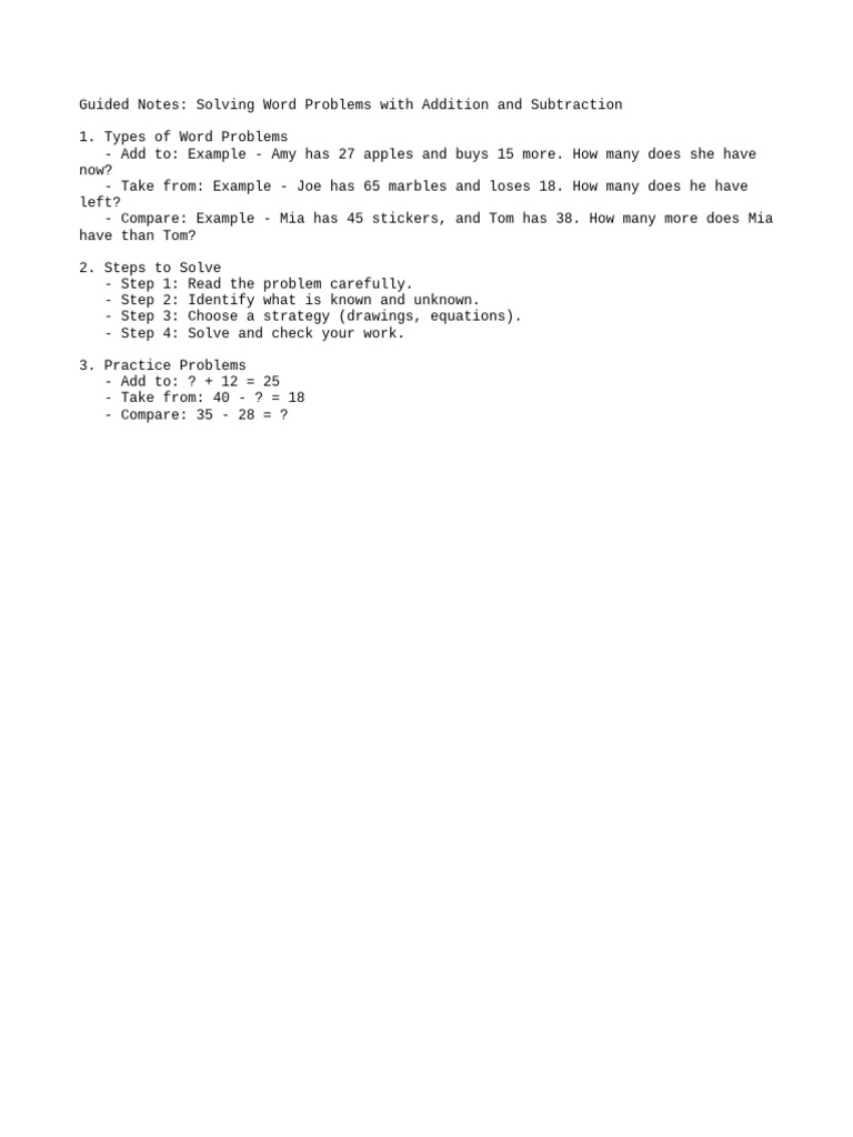 Word Problems: Addition & Subtraction Guide | PDF