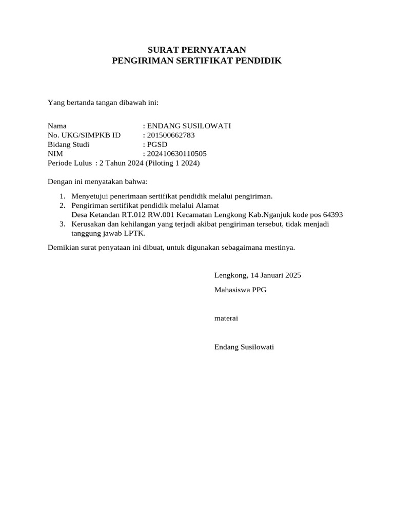 Surat Pernyataan Pengiriman Serdik PPG 2024 | PDF