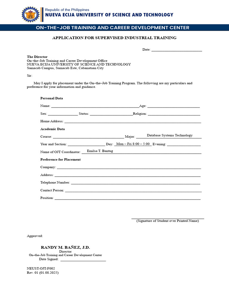 NEUST OJT F002 Application For Supervised Industrial Training | PDF