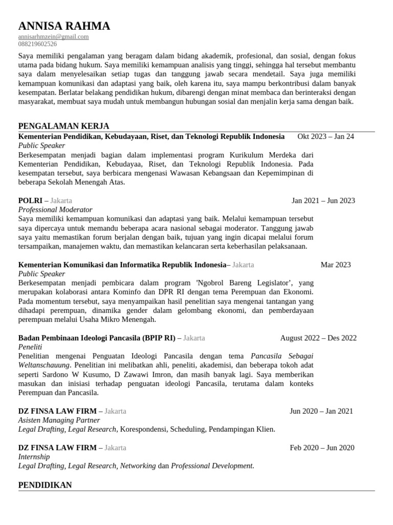 CV ANNISA RAHMA 2024 (2) | PDF