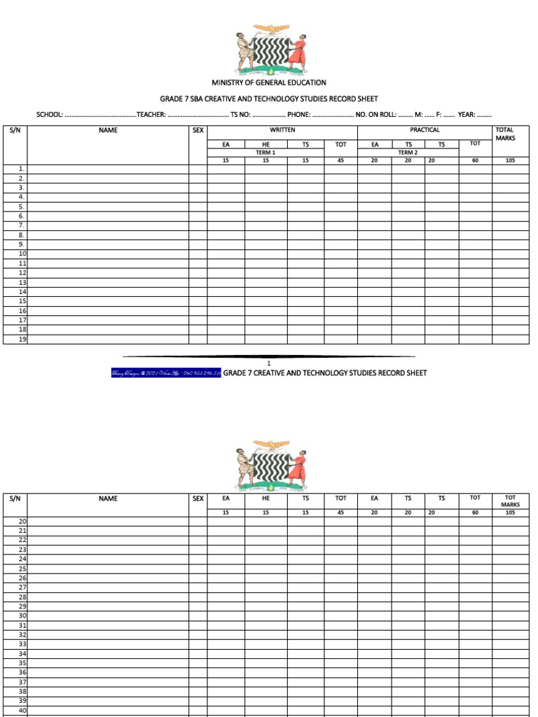 Grade 7 Sba Creative and Technology Studies Record Sheet | PDF