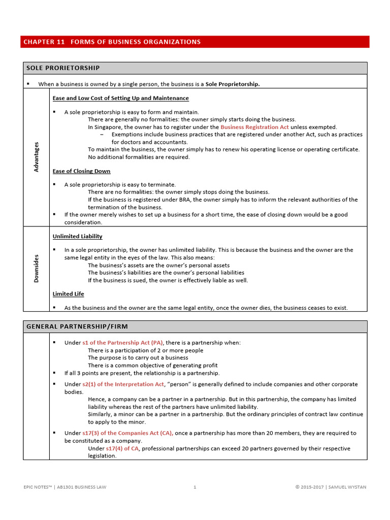 EPIC NOTES - AB1301 Business Law - Chapter 11 - Types of Business ...