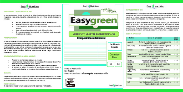 Fertilizante Easy Green: Uso y Aplicación | PDF | Alimentos | Agua