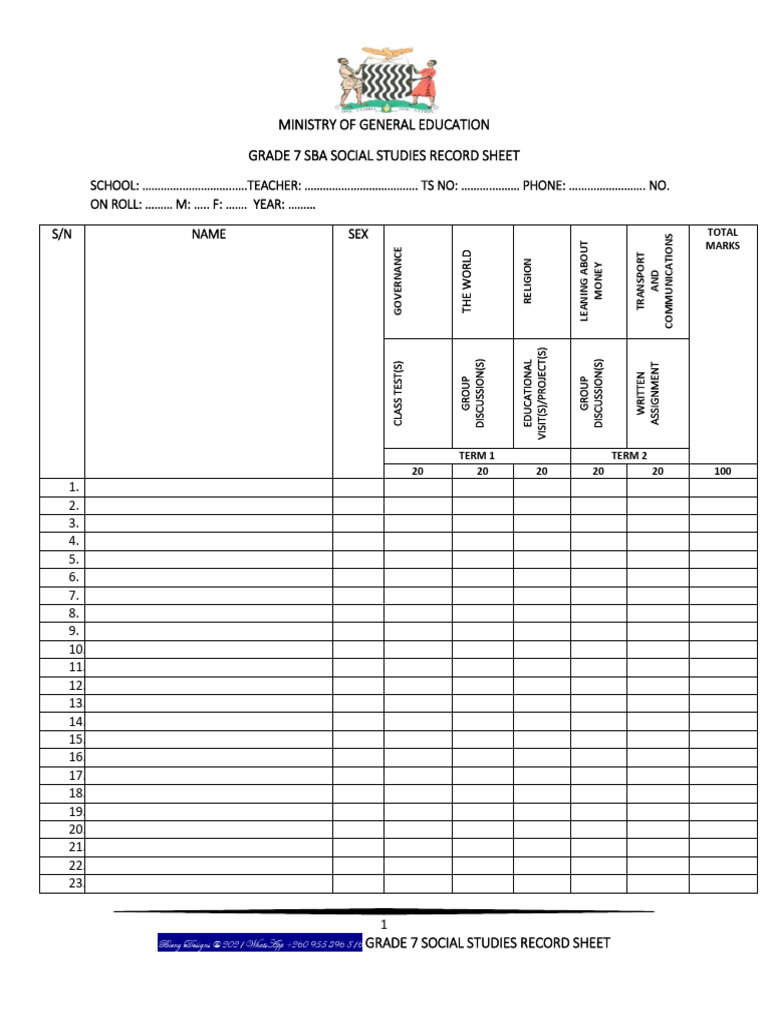 GRADE 7 SBA SOCIAL STUDIES RECORD SHEET | PDF