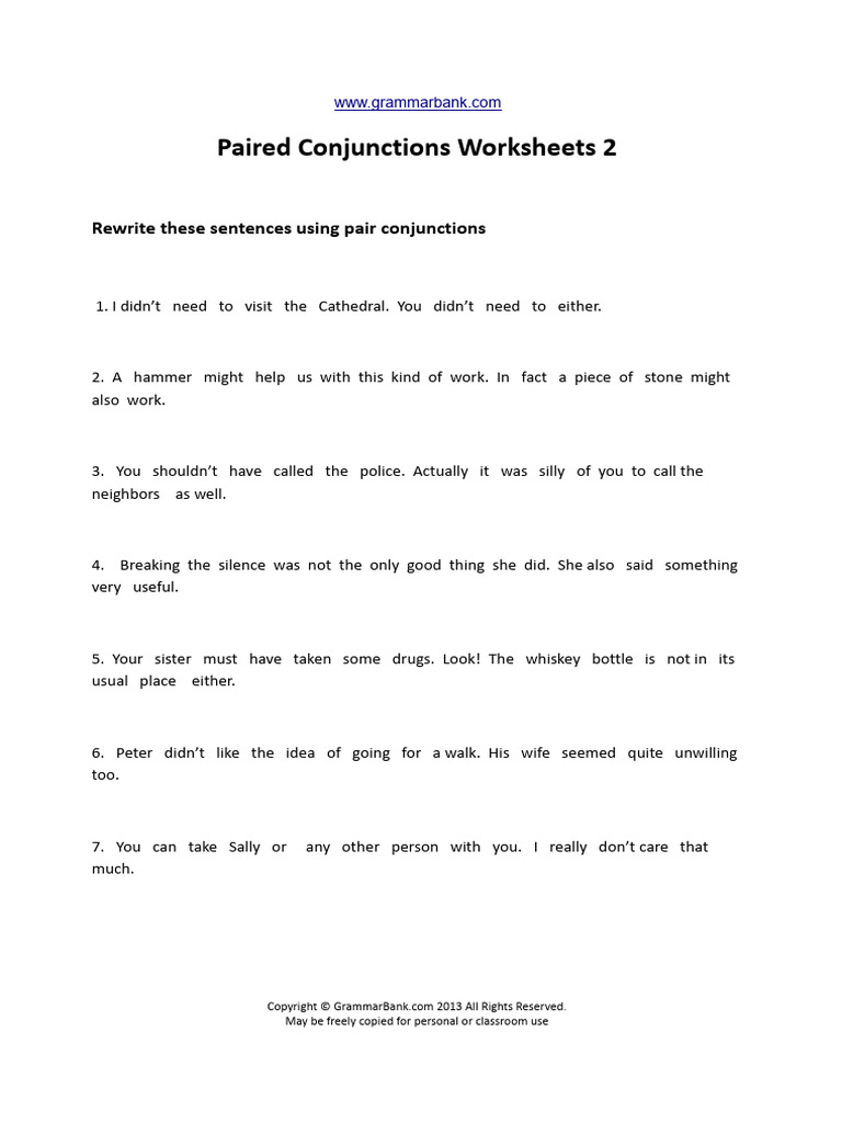 Paired Conjunctions Worksheet 2 | PDF