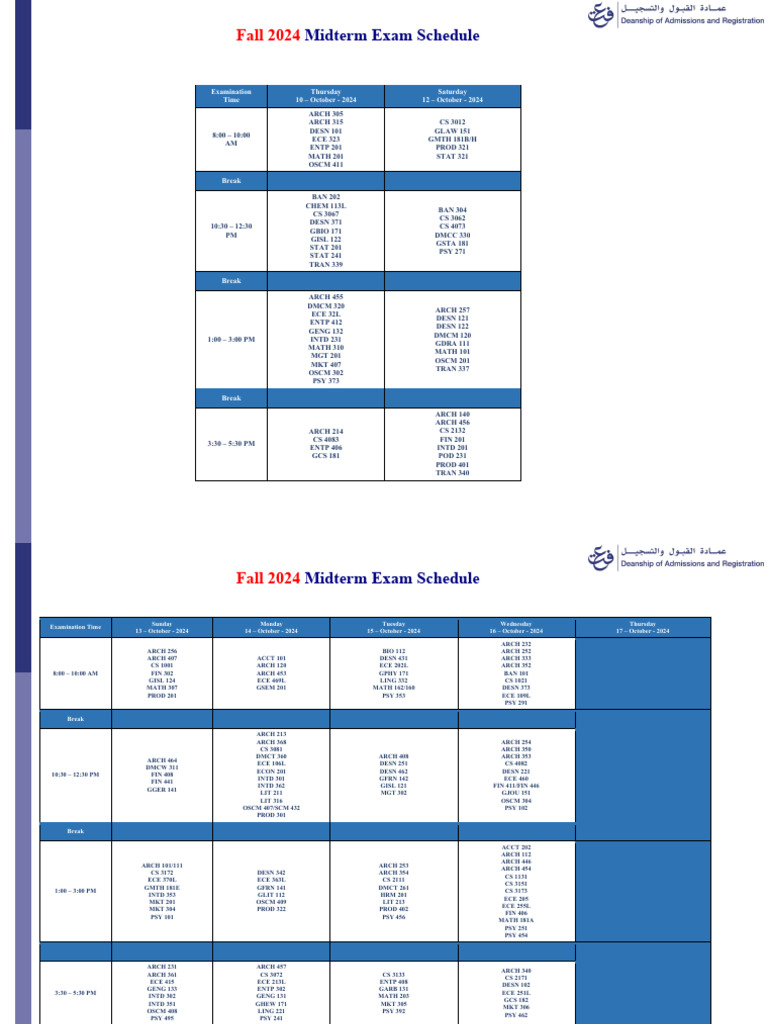 Fall 2024 Midterm Exam Schedule | PDF