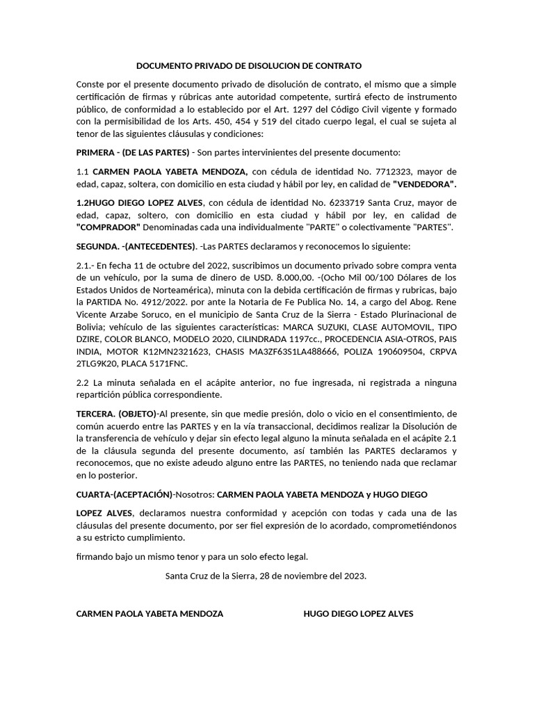 DOCUMENTO PRIVADO DE DISOLUCION carmen | PDF