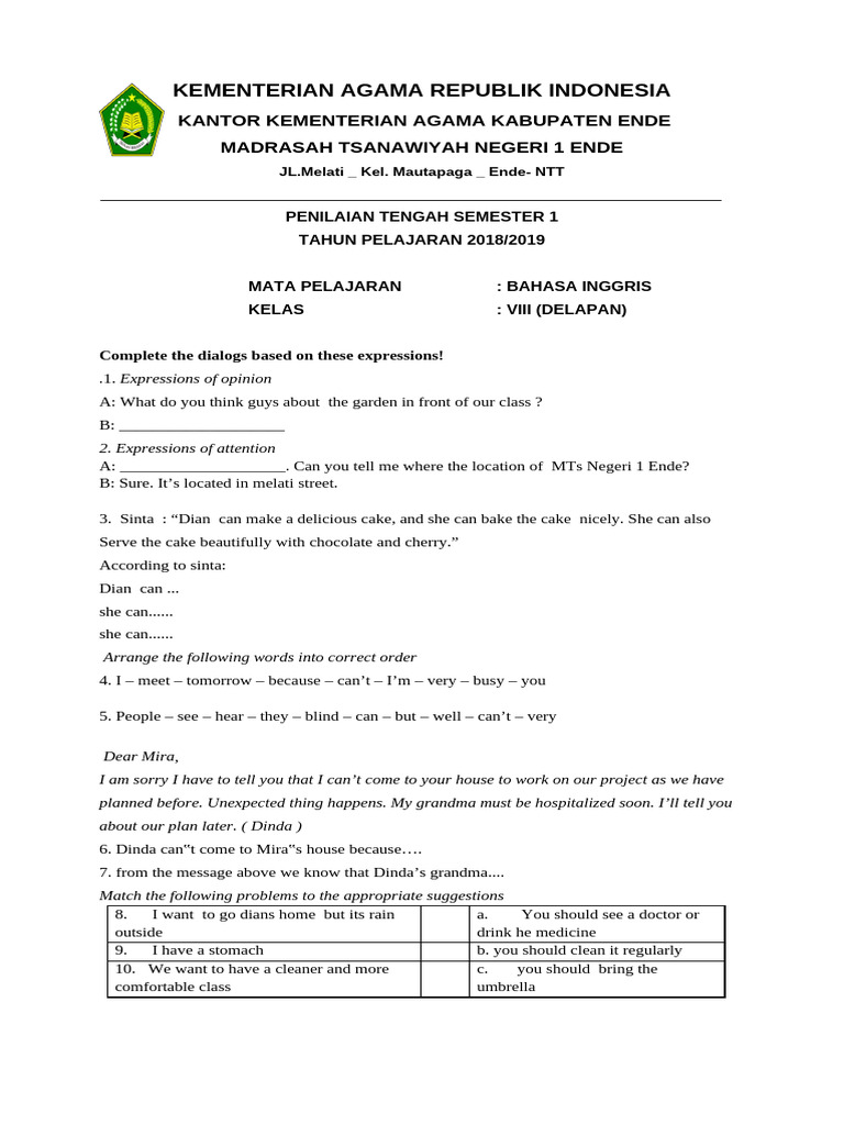Soal Mid Sem 1 Kelas 8 2018 2019 | PDF
