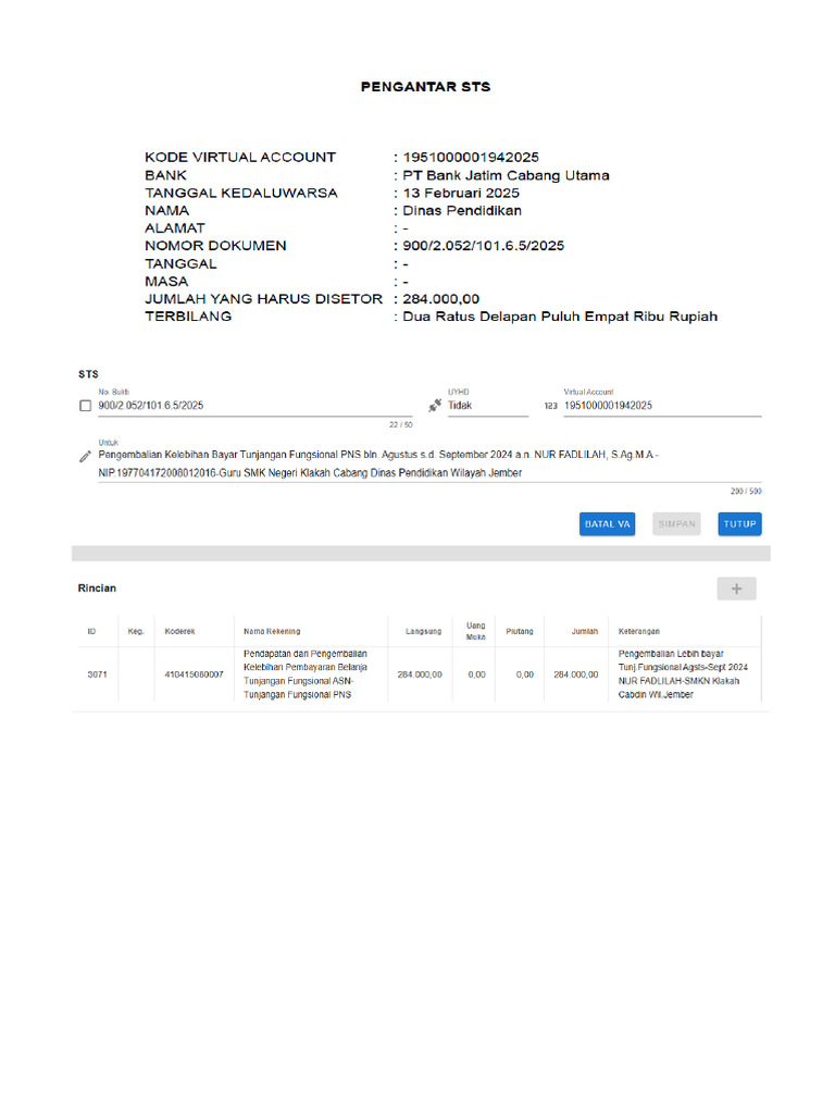 Pengembalian Tunj. Fungsional Almrhm NUR FADLILAH SMKN KLAKAH | PDF