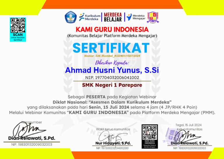Ahmad Husni Yunus, S.si - SERTIFIKAT KGI #01 - Diklat Nasional - Asesmen Dalam Kurikulum Merdeka ...