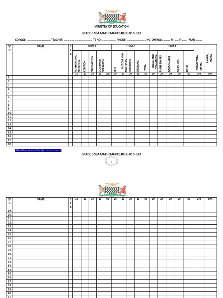 Grade 5 Sba Mathematics Record Sheet | PDF | Mathematics | Arithmetic