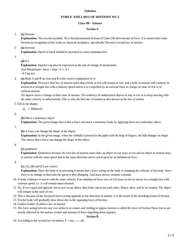 Forces and Laws of Motion WS 2 Sol (First Law of Motion) | PDF | Force ...