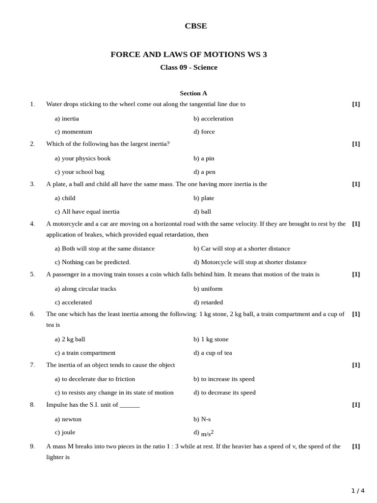 Forces and Laws of Motion WS 3 (Inertia and Mass) - 1 | PDF | Force ...