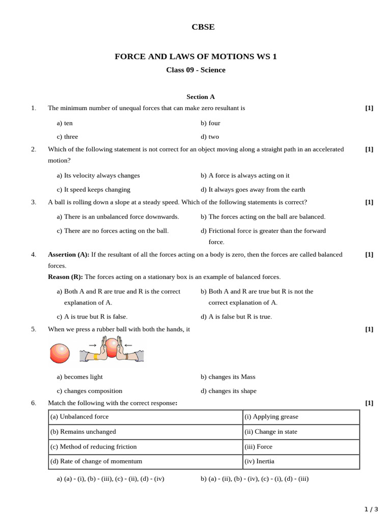 Class 9 Science: Force & Motion Worksheet | PDF | Force | Tension (Physics)